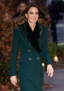 Kate Middleton in Green Coat with Fur Collar for Carol Concert - Dress ...