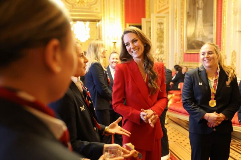 Kate Middleton Wears Red Suit for Rugby Reception - Dress Like A Duchess